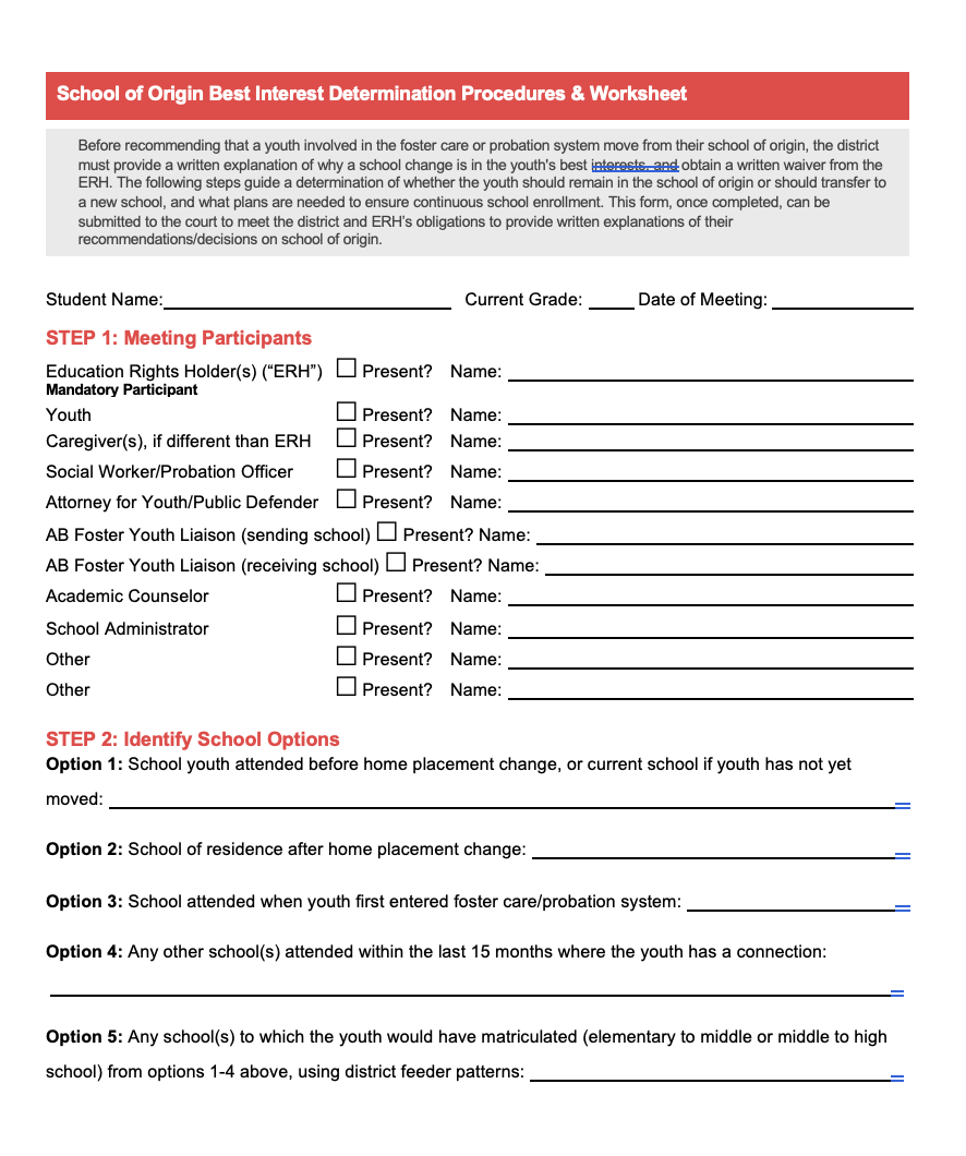School of Origin Best Interest Determination Procedures and Worksheet ...